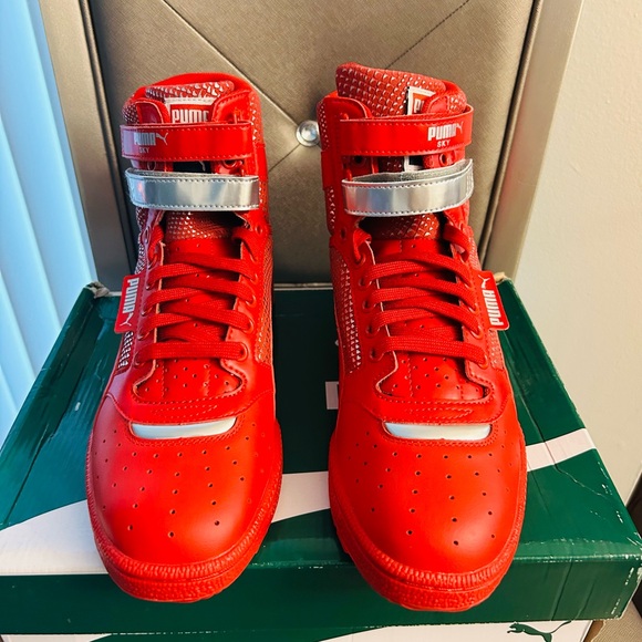 Puma | Shoes | Puma Red Hightop Sneakers With Bold Design | Poshmark
